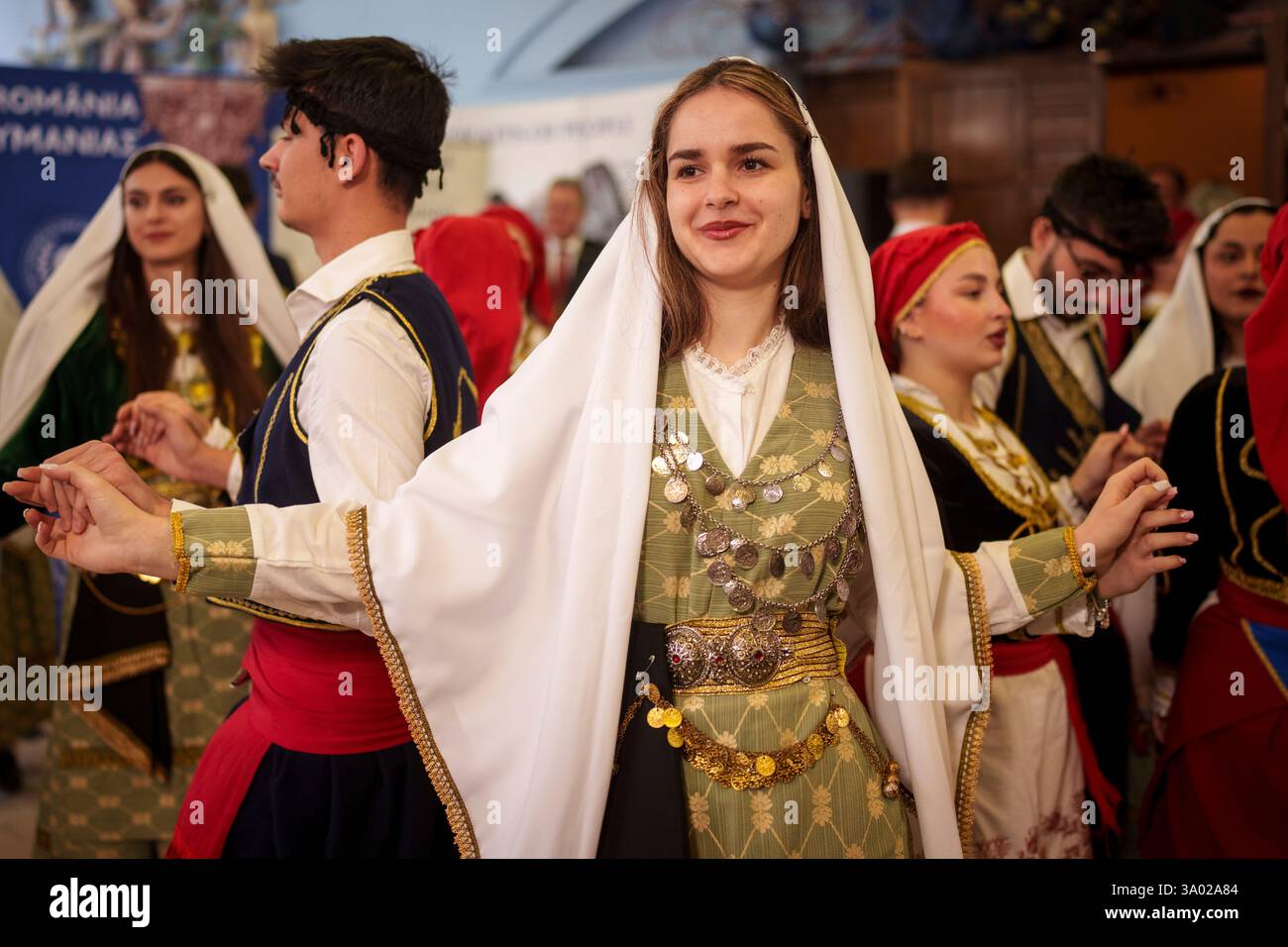 Members of a Romanian ethnic Greek group dance during a show at the ...