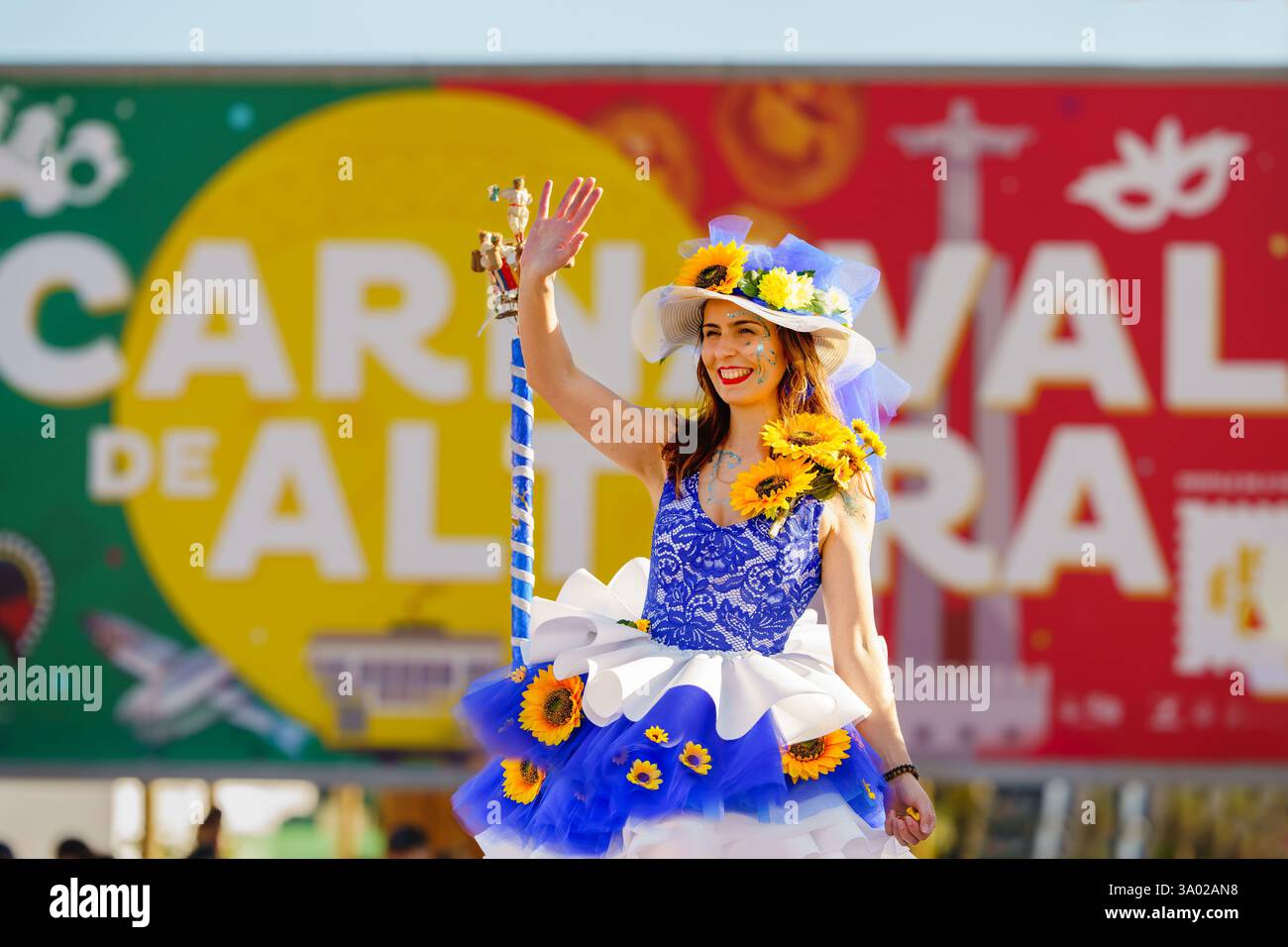 Altura, Portugal, March 1, 2025. Festive spirit shines as a performer ...