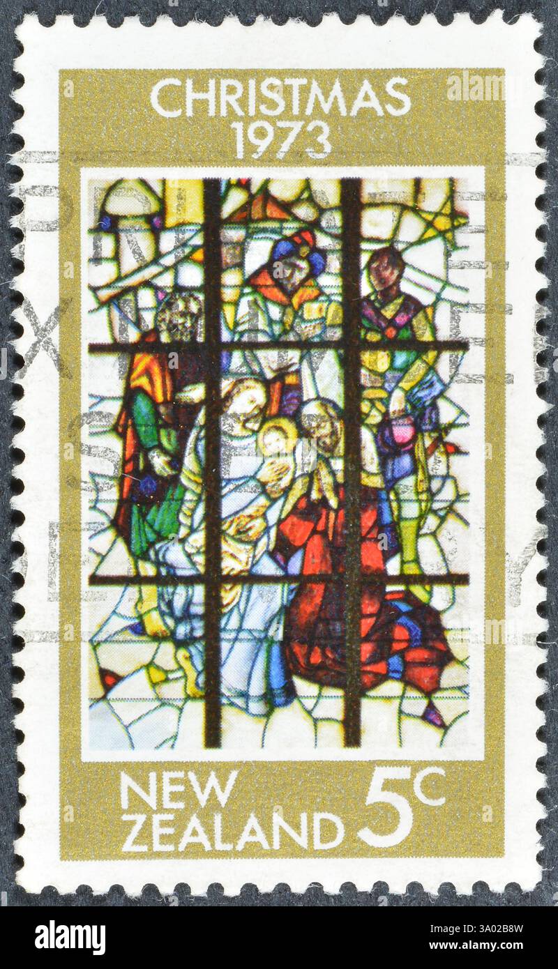Cancelled postage stamp printed by New Zealand, that shows Three Kings ...