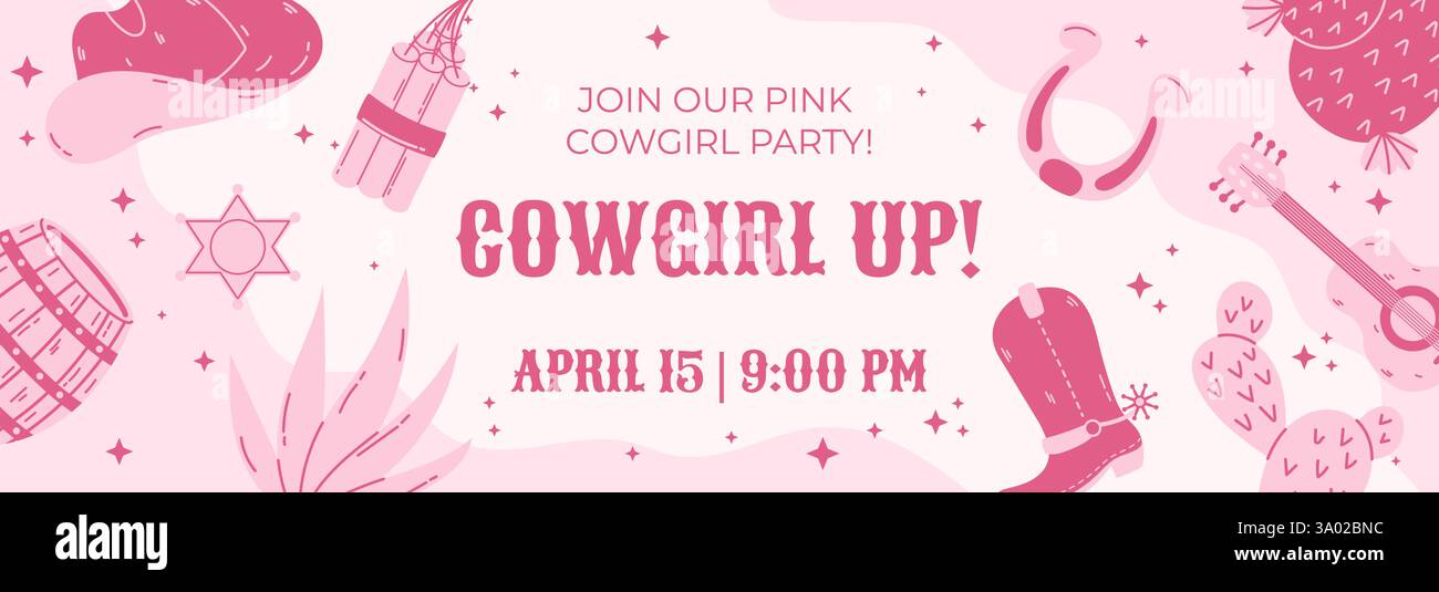 A vibrant horizontal banner for a pink-themed cowgirl party, featuring ...