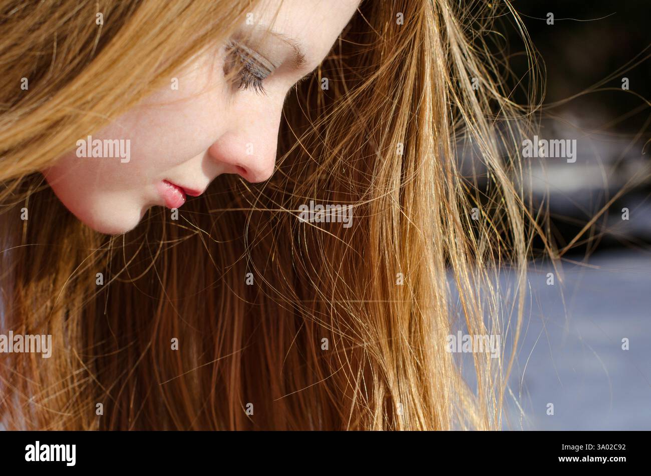 Close-up of young female with long blonde hair and fair skin, gazing ...