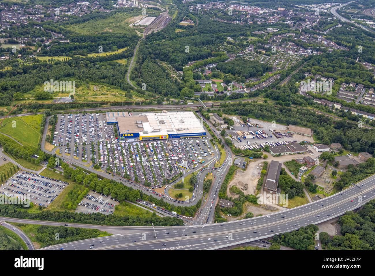 Aerial view, Ikea furniture market and flea market in the parking lot ...