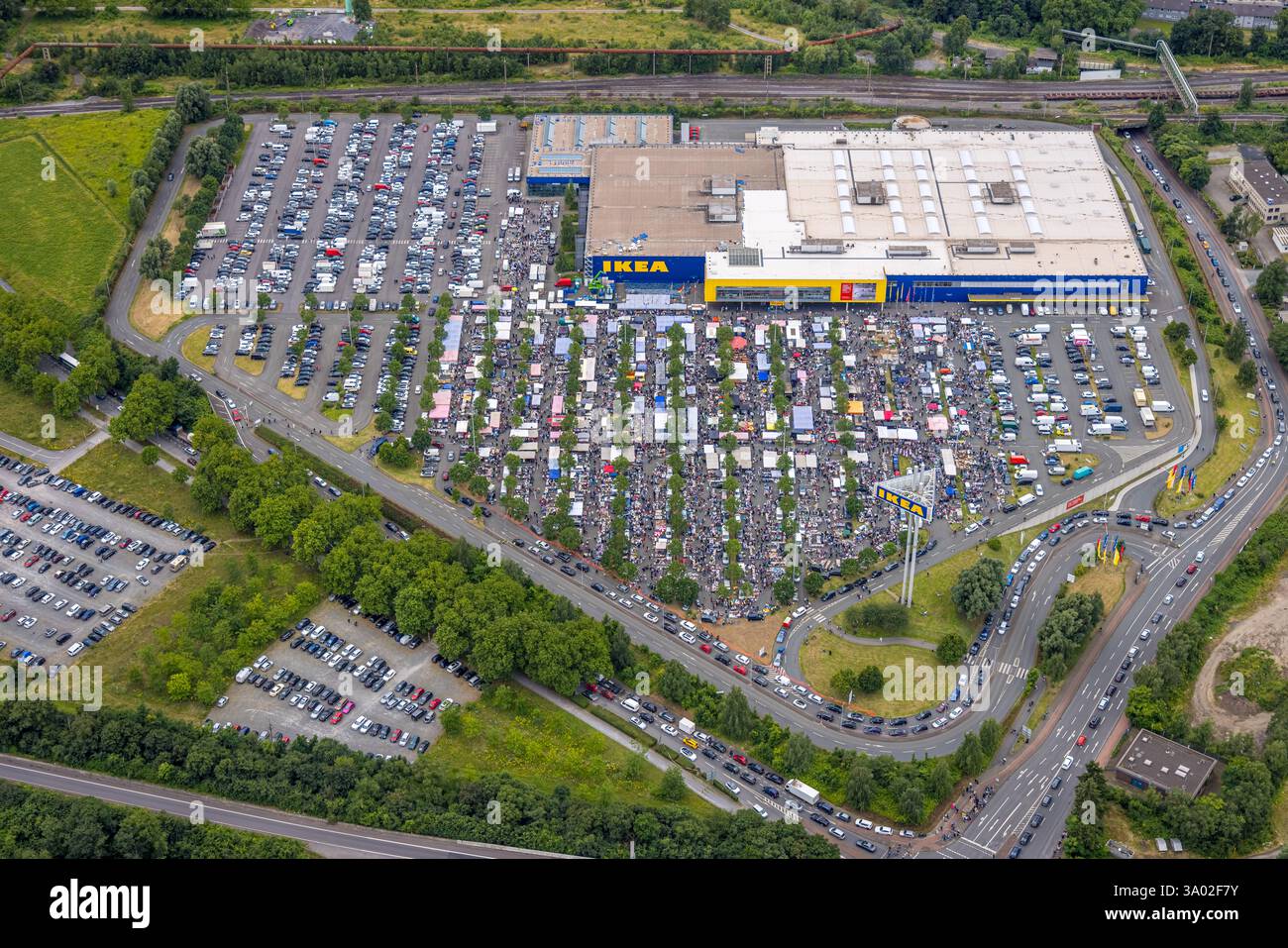Aerial view, Duisburg-Nord, Ikea furniture market and flea market on ...