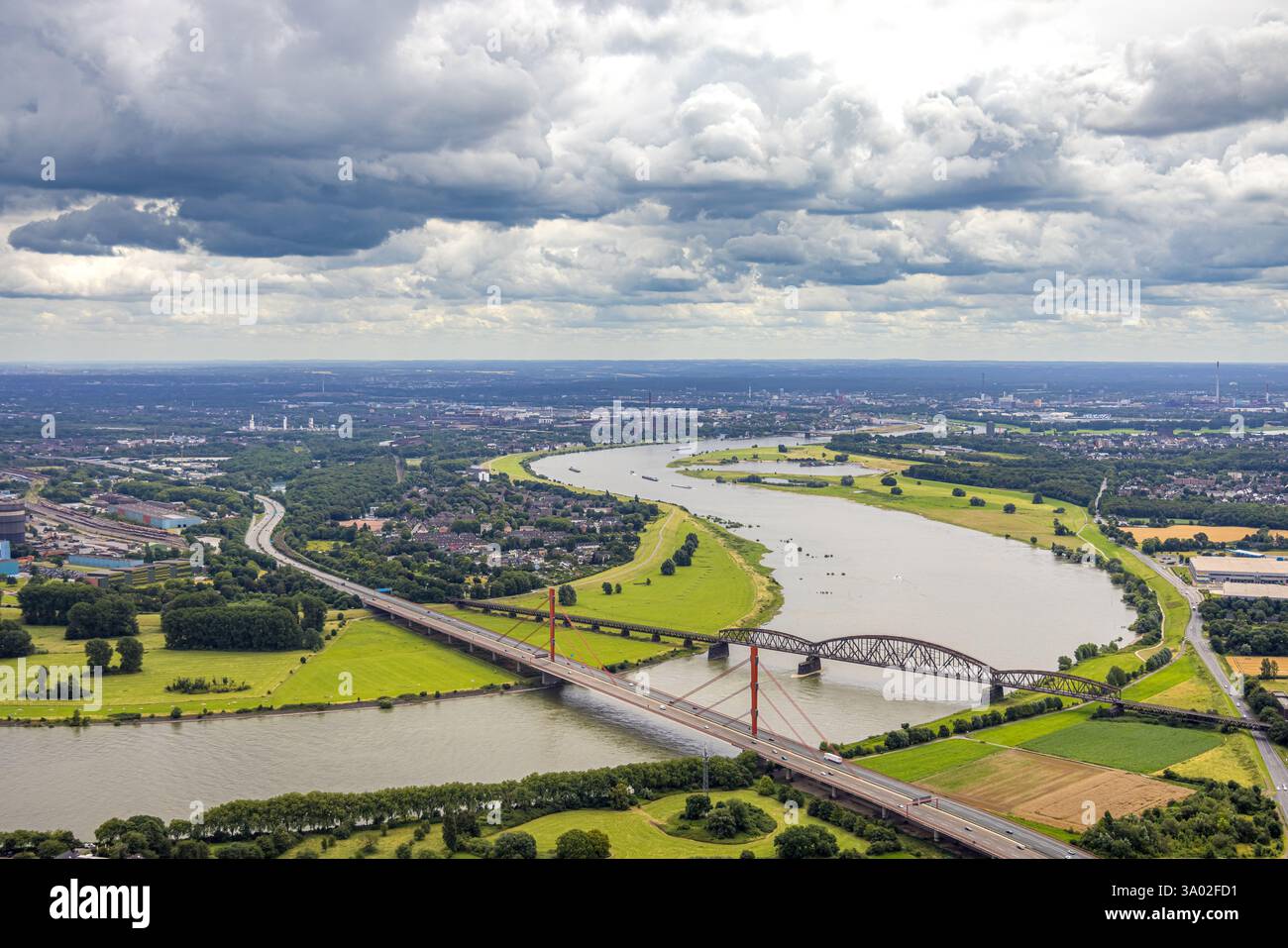 Aerial view, Duisburg-West, river Rhine with highway bridge Baerl ...