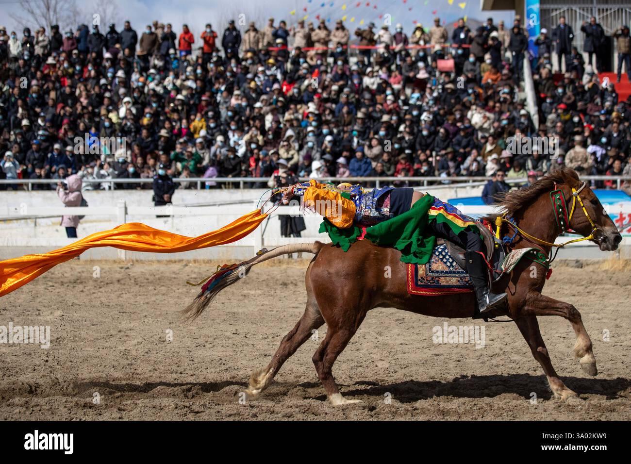 (250302) -- LHASA, March 2, 2025 (Xinhua) -- A rider performs hada (a ...