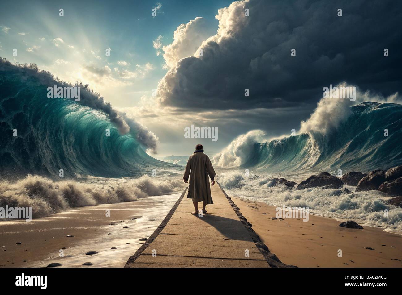 A man resembling Moses walking on a dry path between towering ocean waves, dramatic ocean waves ...