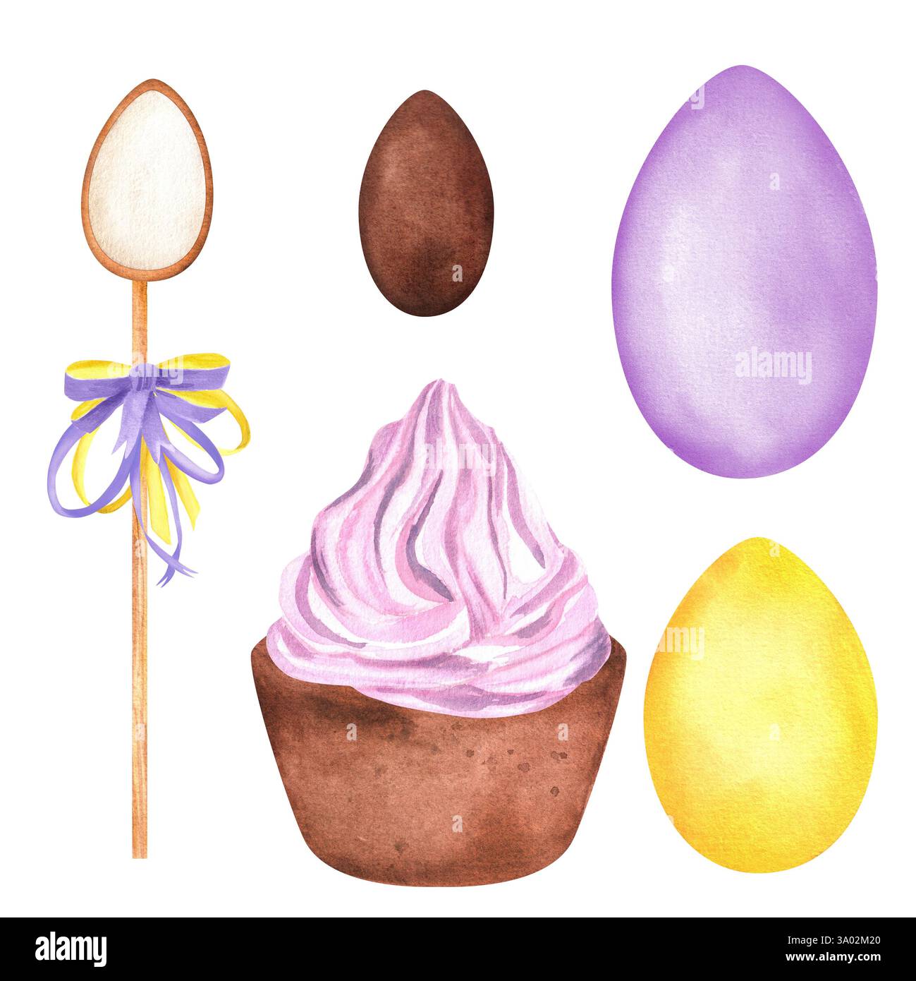 A bundle of yellow and lilac Easter eggs, cupcake, gingerbread with ...