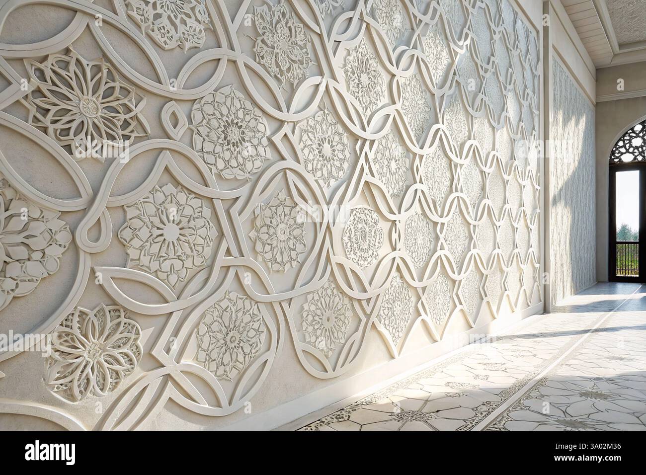 Elegant geometric and floral arabesque design in soft white tones, a ...
