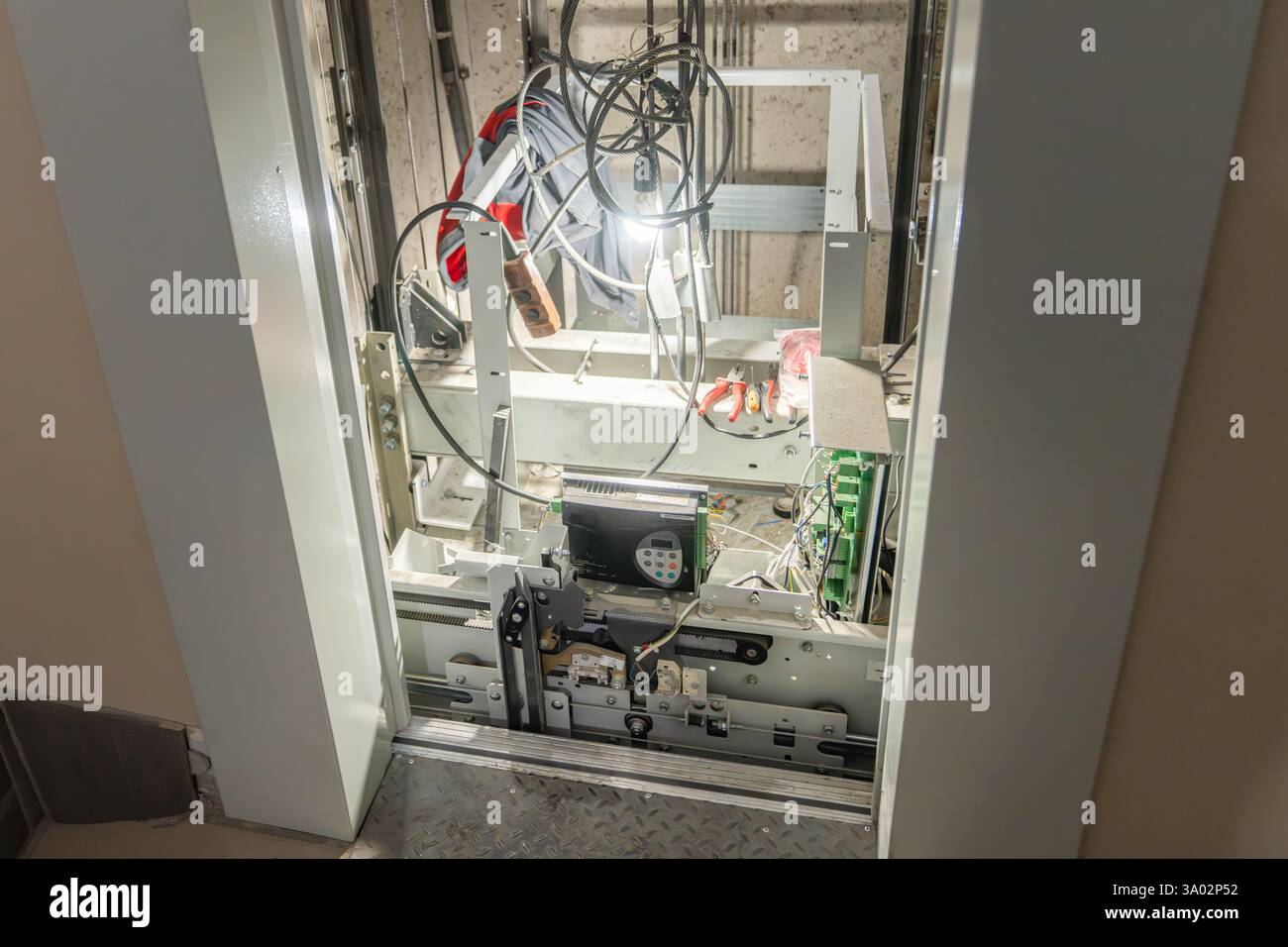 Elevator doors open during breakage and repair. Elevator maintenance, emergency situation. mine ...
