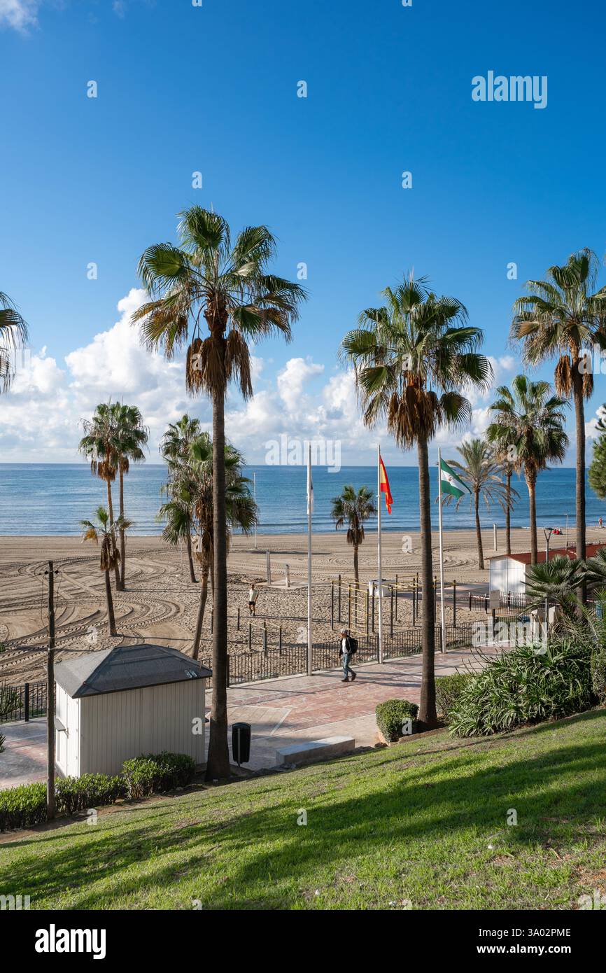 Marbella, Spain - 24 Feb 2025 Sunny mediterranean beach with palms and ...