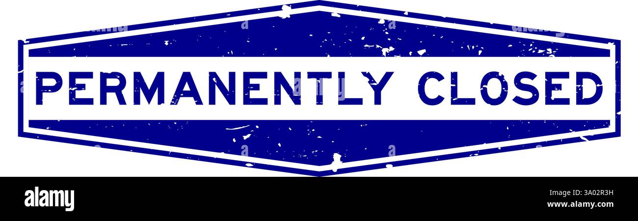 Grunge blue permanently closed word hexagon rubber seal stamp on white ...