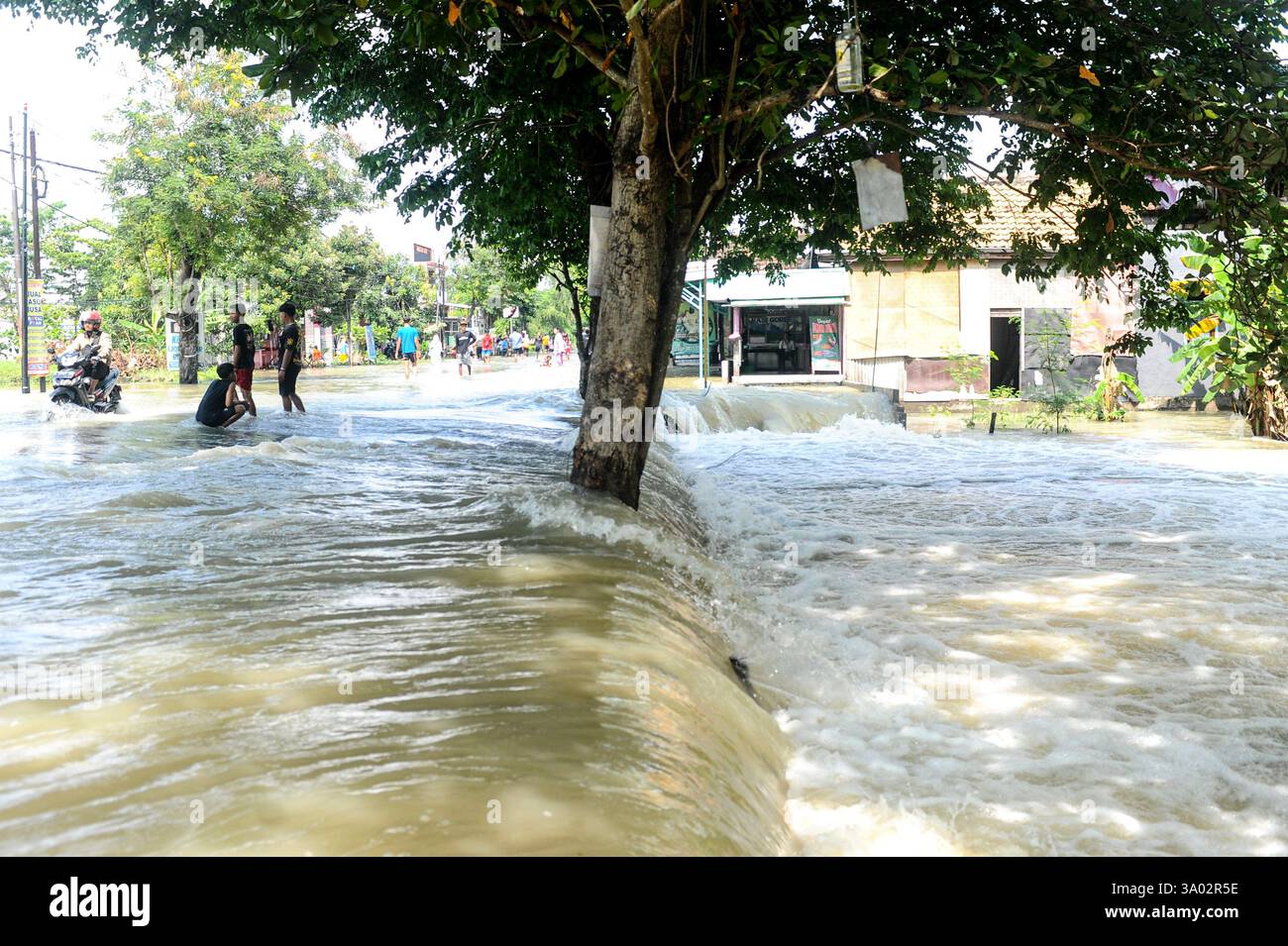 Gresik, Indonesia. 2nd Mar, 2025. People walk through flood water after heavy rain hit ...