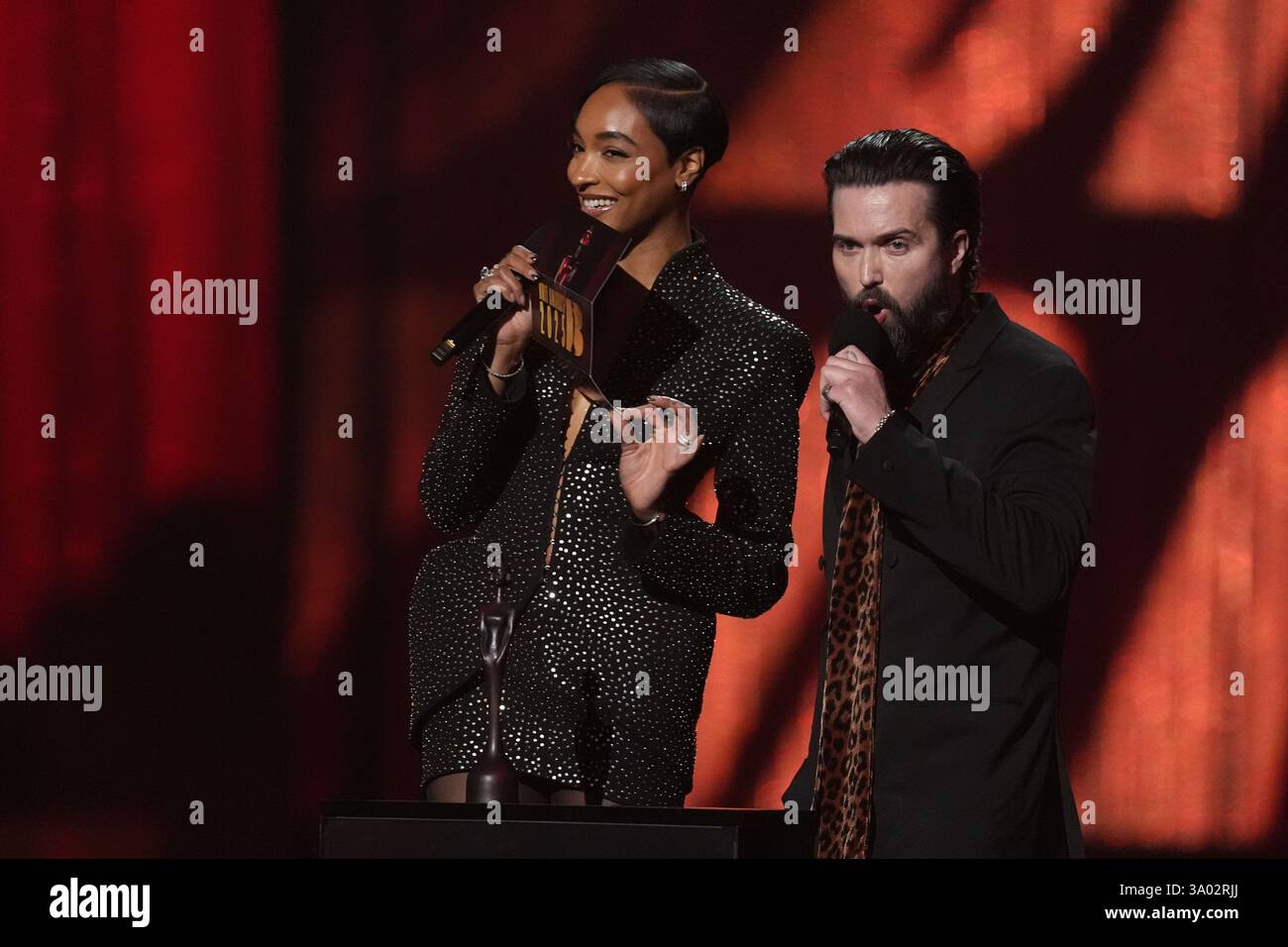 Jourdan Dunn and Emmett J. Scanlan onstage during The BRIT Awards 2025 ...