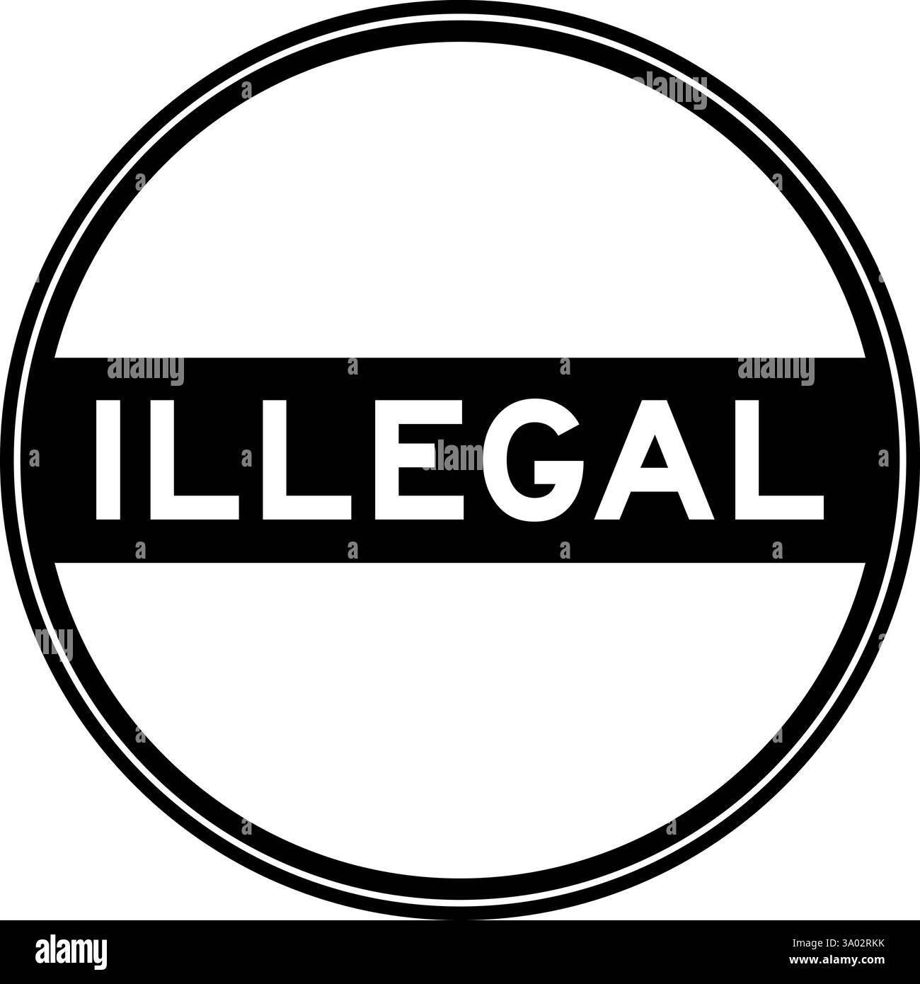 Black color round seal sticker in word illegal on white background ...