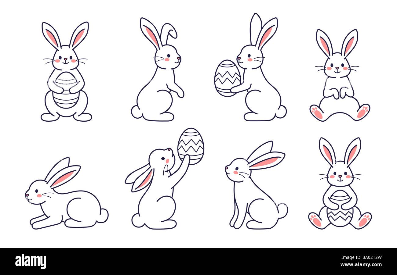 Easter character set. Bunny, rabbit, hare with painted egg. Vector flat ...