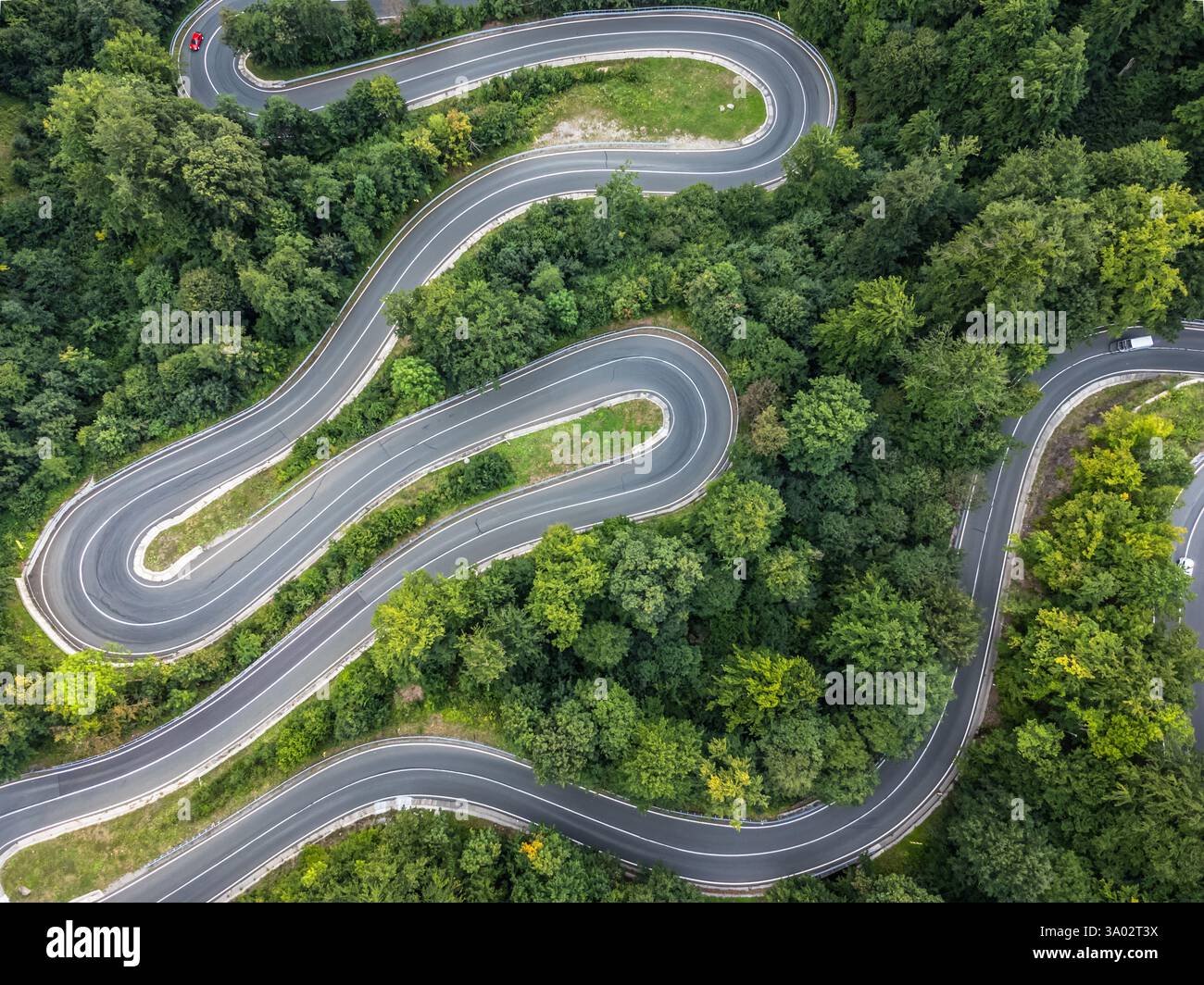 zenithal aerial view of a winding 180-degree curved road in a green ...