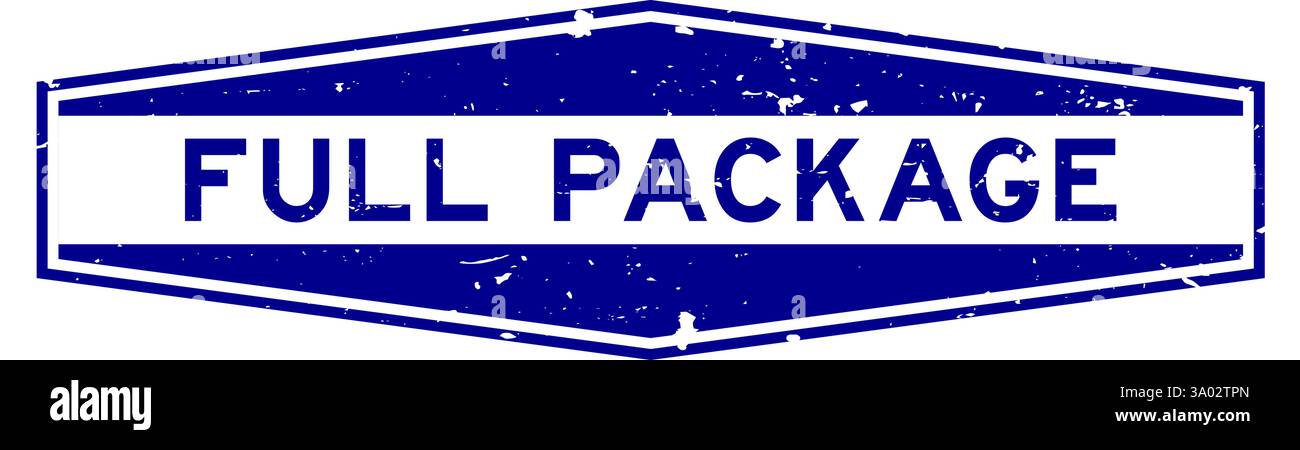 Grunge blue full package word hexagon rubber seal stamp on white ...