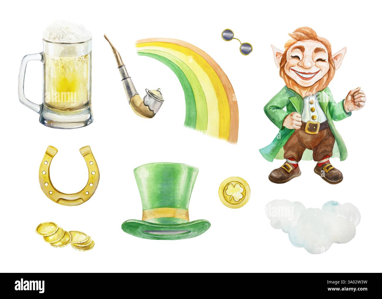 St. Patricks Day set. Leprechaun, beer mug, green top hat, horseshoe, coins, rainbow, pipe. Hand ...