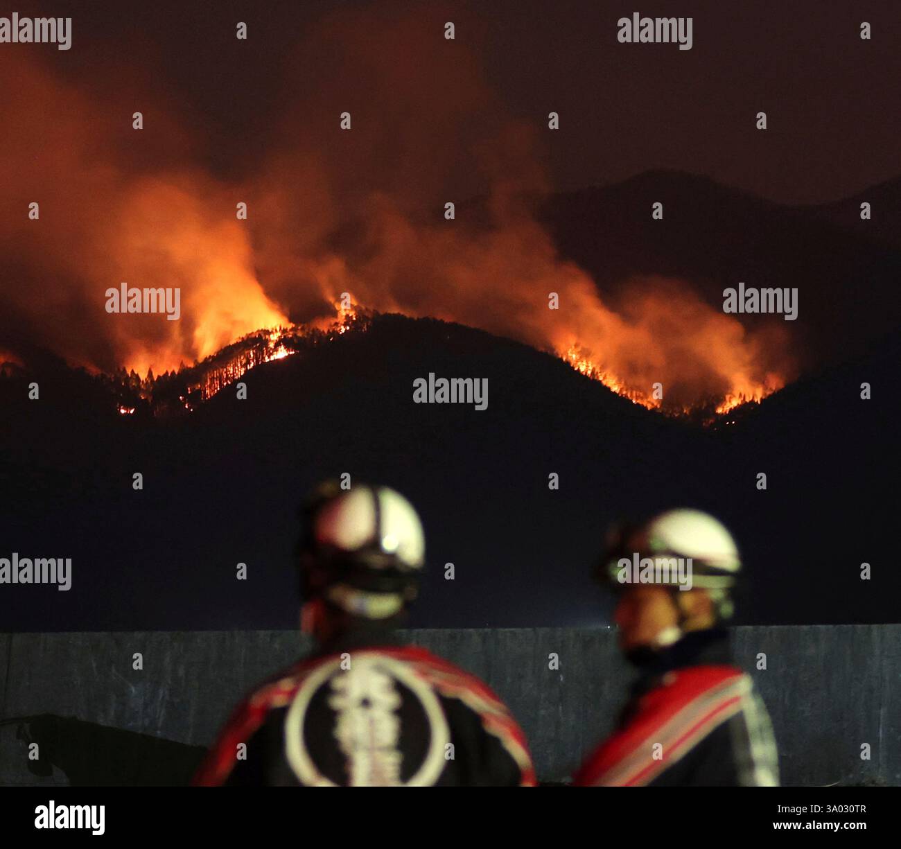 A forest fire is spreading in Ofunato City, Iwate Prefecture, northern ...