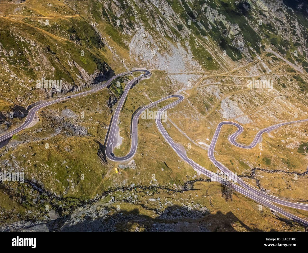 Aerial view of the spectacular curves of the Transfagarasan road in ...
