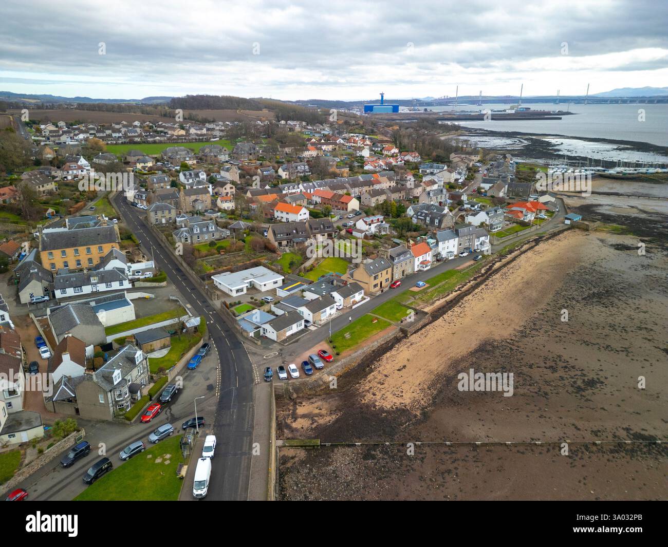 Aerial view of Limekilns village on Firth of Forth , Fife , Scotland ...