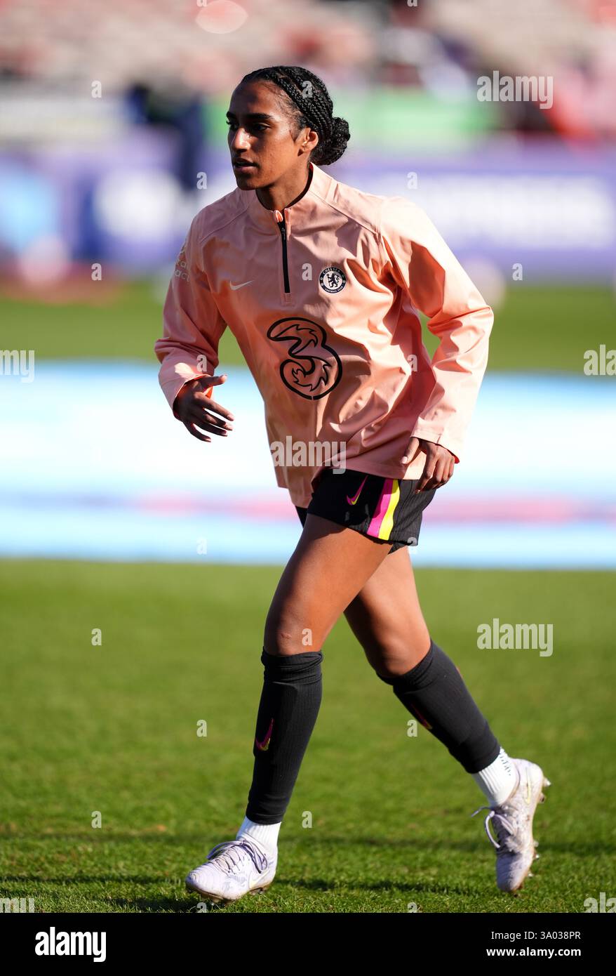 Chelsea's Naomi Girma warms up before the Barclays Women's Super League ...