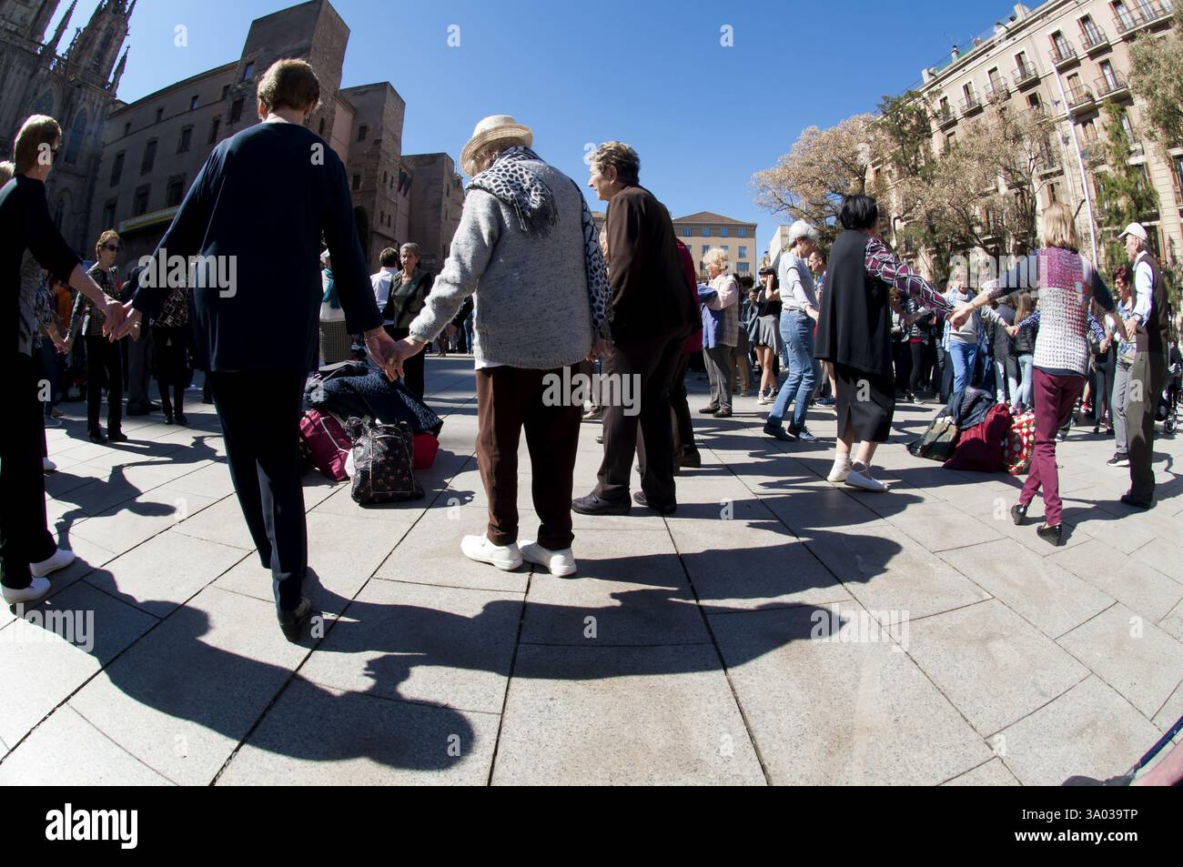 Sardanistas, people dancing the traditional catalan dance, sardana, in ...