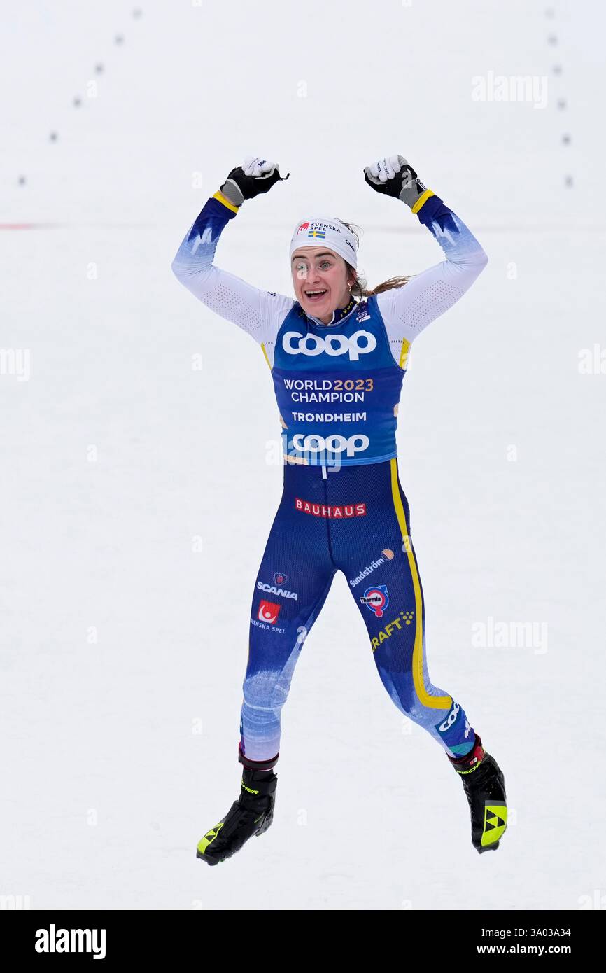 Ebba Andersson, of Sweden, celebrates after winning the gold medal in ...