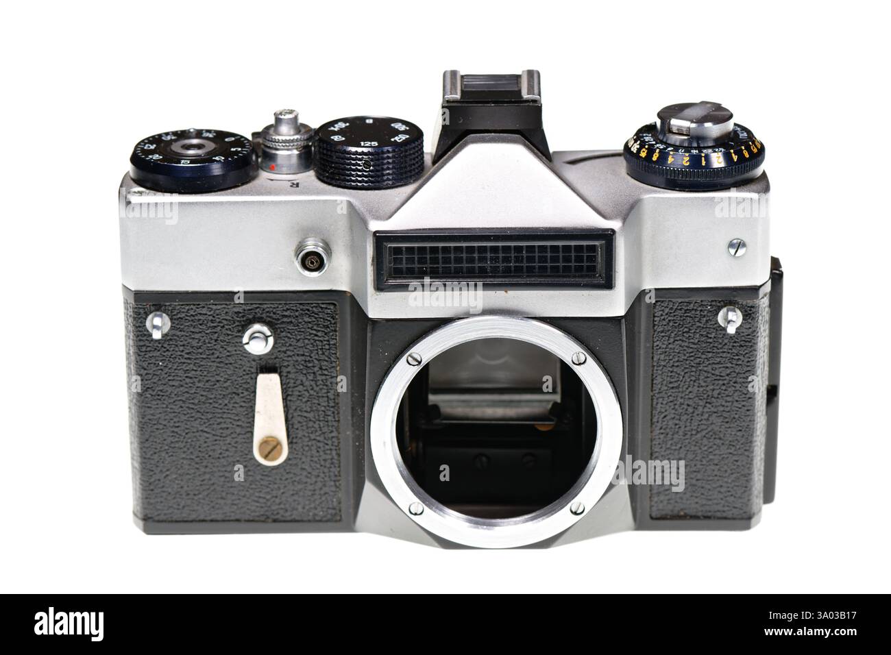 Old soviet analog 35 mm film camera without a lens isolated on white ...