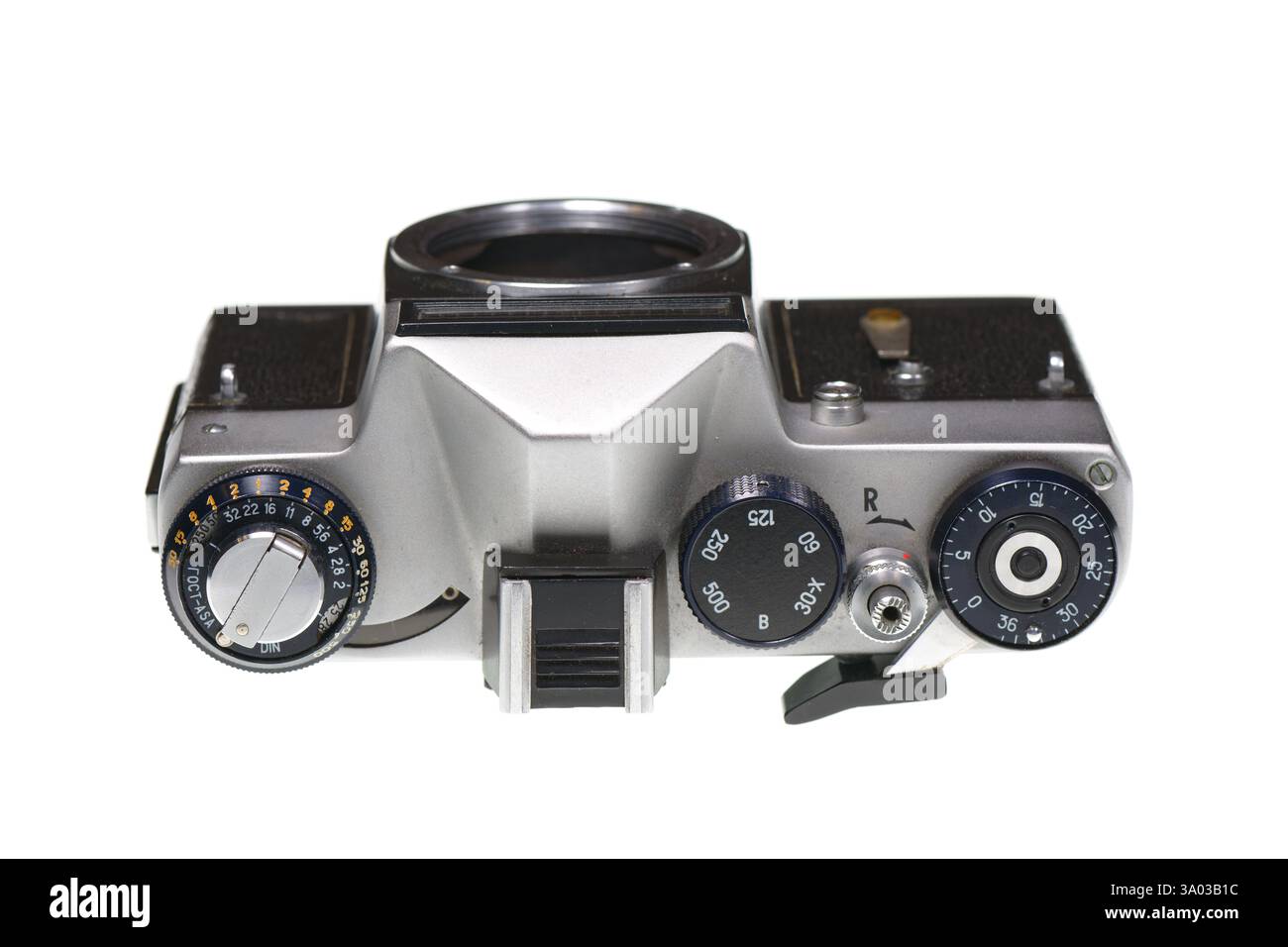 Old soviet analog 35 mm film camera without a lens isolated on white ...