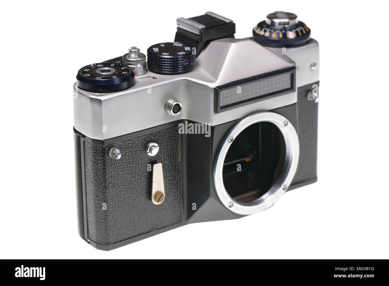 Old soviet analog 35 mm film camera without a lens isolated on white ...