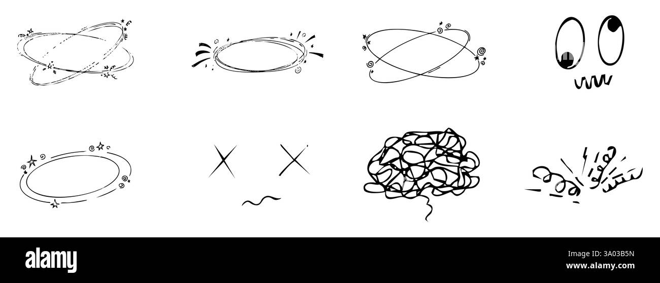 Dizzy effect, headache, sick drawing doodle comic set. dizziness faces ...