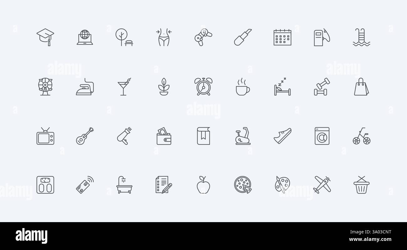 Morning routine, grocery shopping, sleep and food thin black outline ...