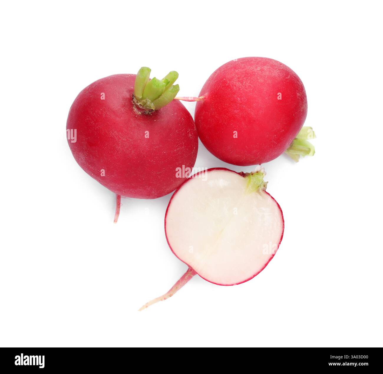 Whole and cut radishes isolated on white, top view Stock Photo - Alamy