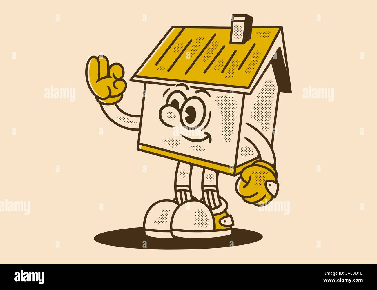 Retro Charming illustration of a whimsical cartoon house character with ...
