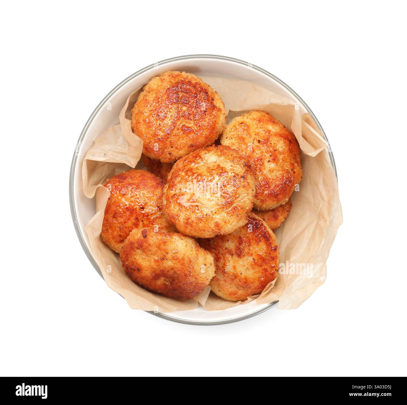 Tasty patties in bowl isolated on white, top view Stock Photo - Alamy