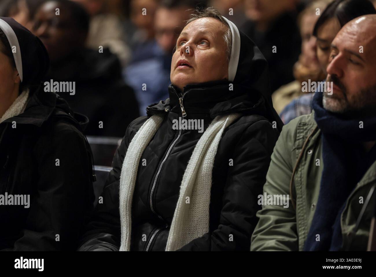 Vatican, Italy. 01st Mar, 2025. A nun recites the Holy Rosary for Pope ...