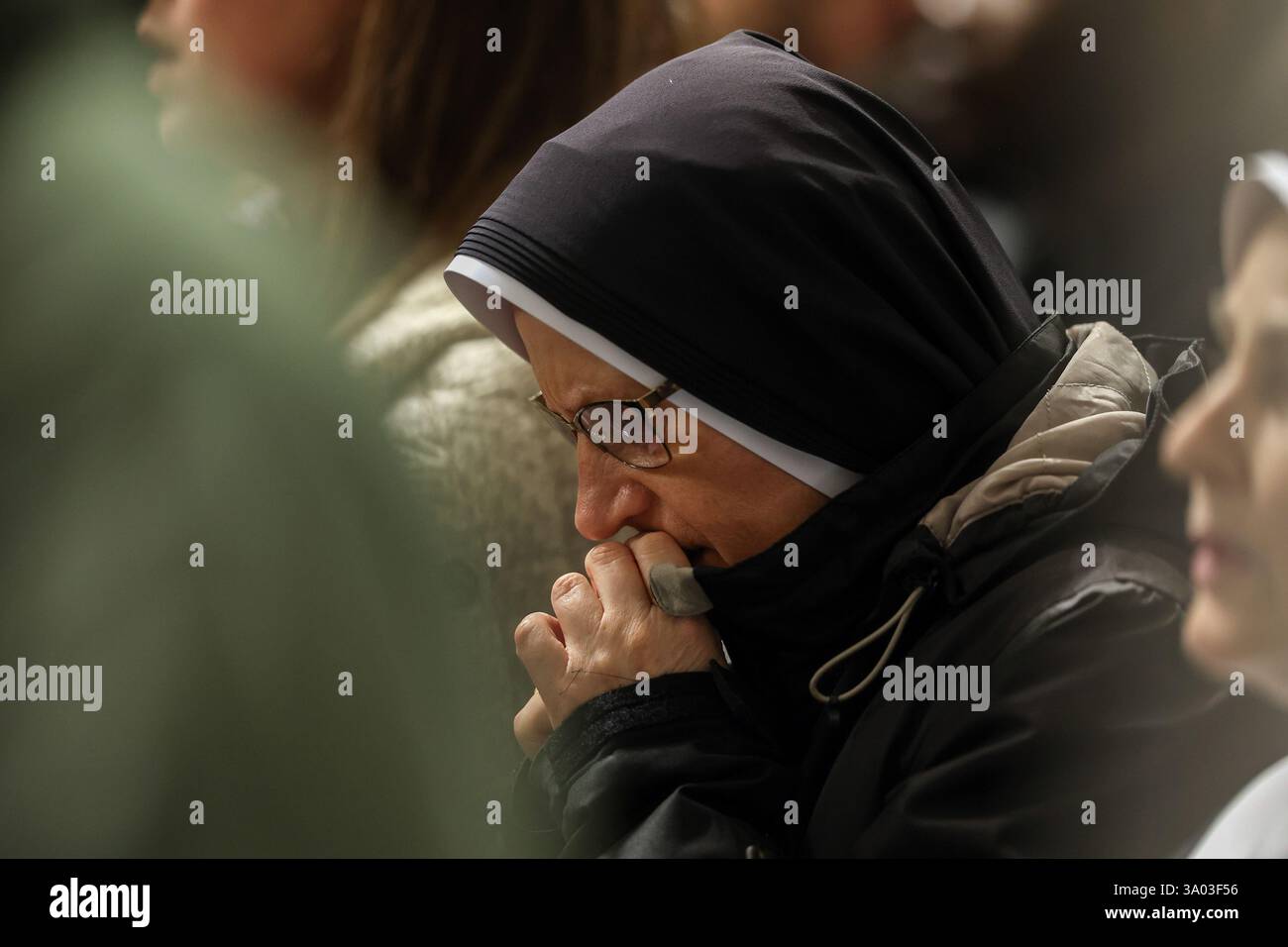 Vatican, Italy. 01st Mar, 2025. A nun recites the Holy Rosary for Pope ...