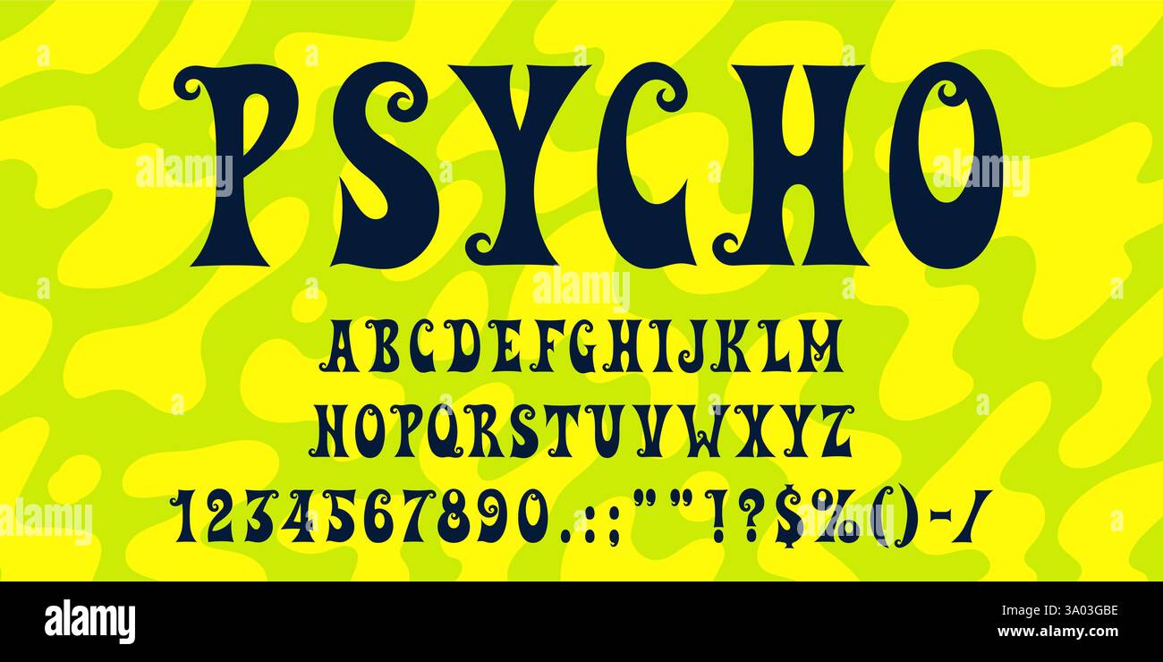 Retro groovy type, 60s psychedelic font, hippy trippy typeface, vintage alphabet at acid green ...