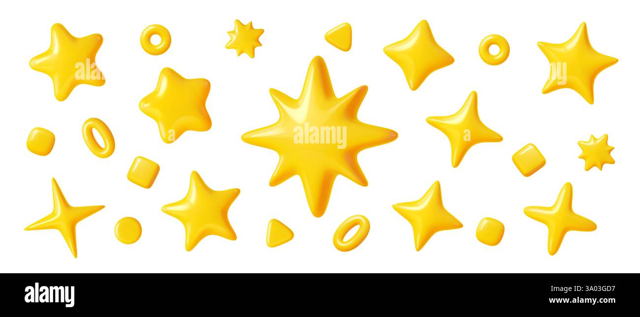 3d yellow stars and starlets. Vector gold sparkling twinkles, rings and ...