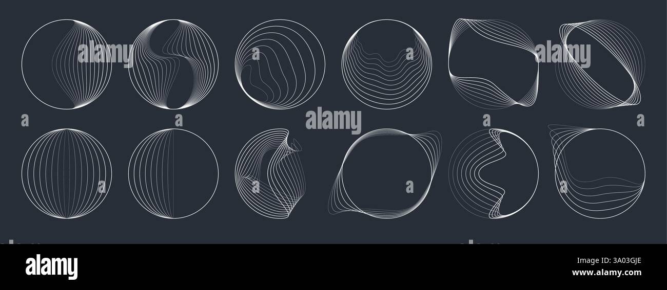 Line round spiral wave shapes, concentric geometric swirl. Vector set ...