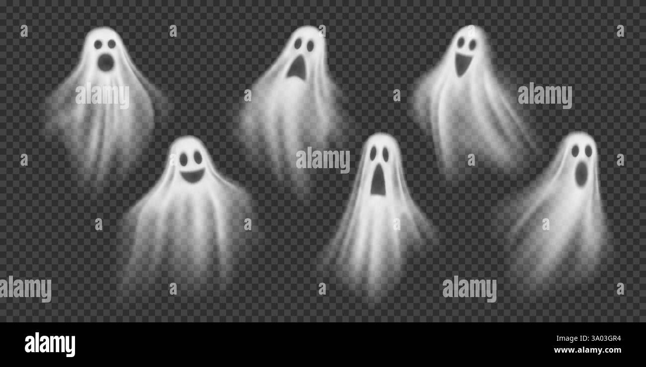 Realistic Halloween ghosts scary flying phantoms. 3d vector set of ...