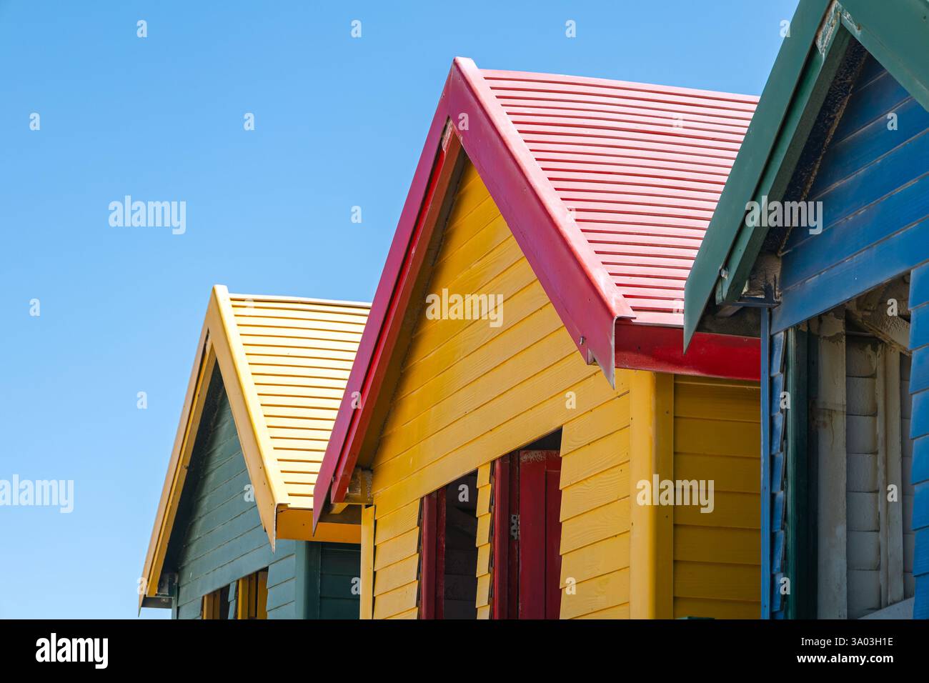 colorful beach houses, bathing boxes, change cubicles, at Muizenberg ...