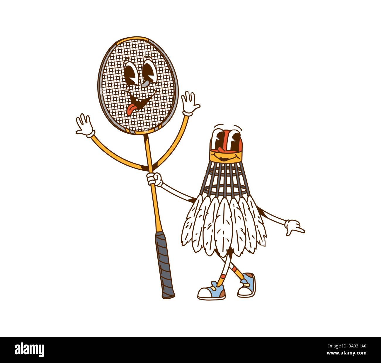 Cartoon groovy sport characters of badminton racquet with shuttlecock ...