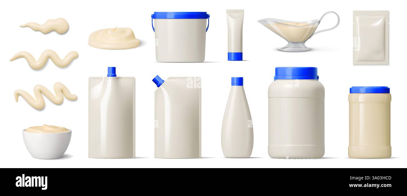 Mayonnaise sauce container package and plastic bottle types. Vector jar ...