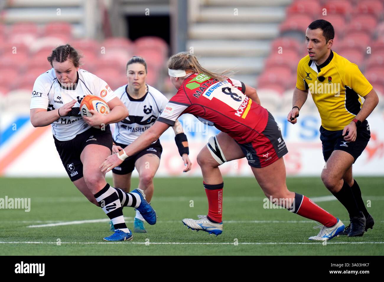 Bristol Bears' Lark Atkin-Davies (left) attempts to get past Gloucester ...