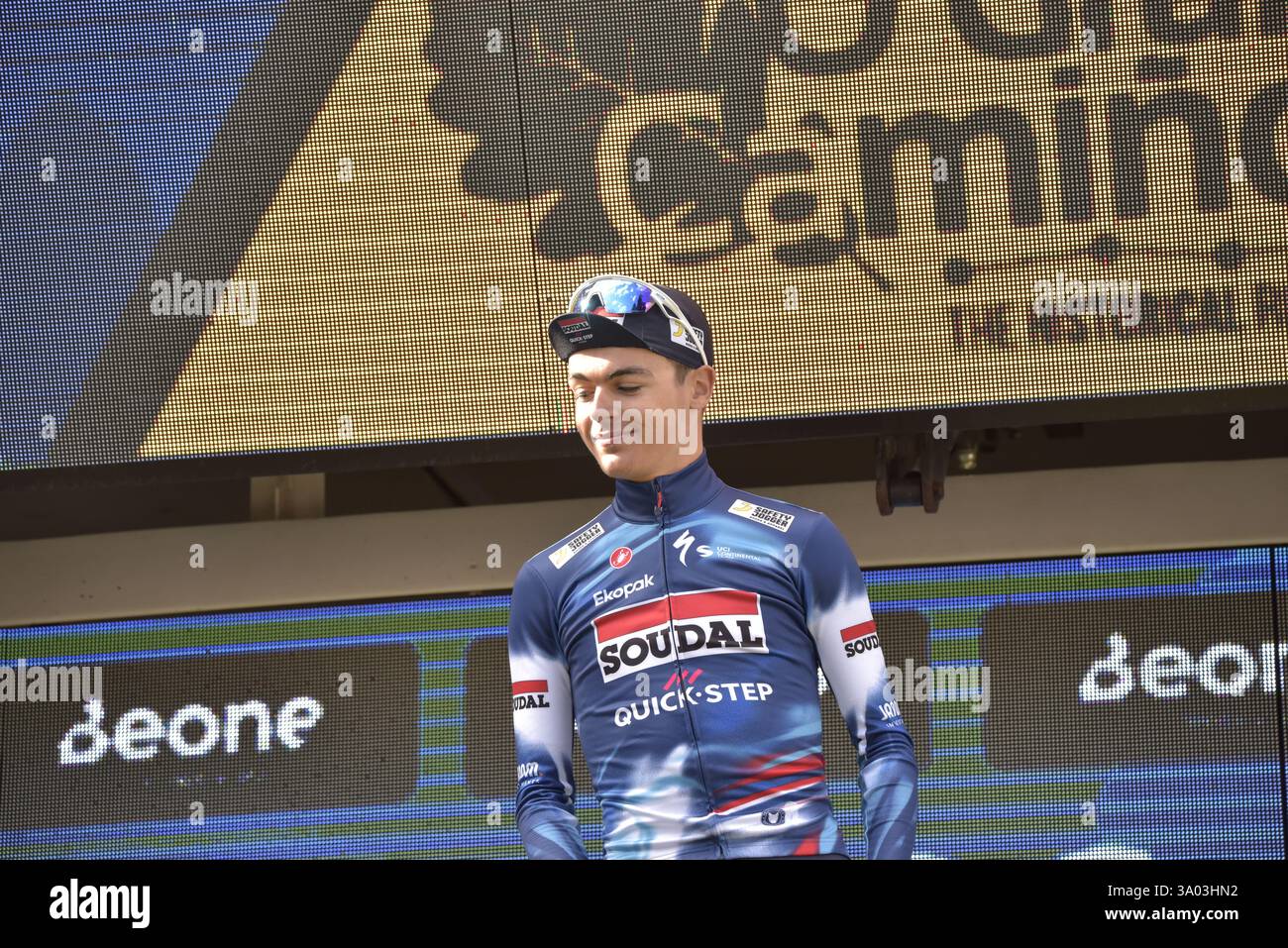 Santiago, Spain. 2nd March, 2025.Viktor Soenens, Soudal Quick-Step. Award ceremony podium of ...