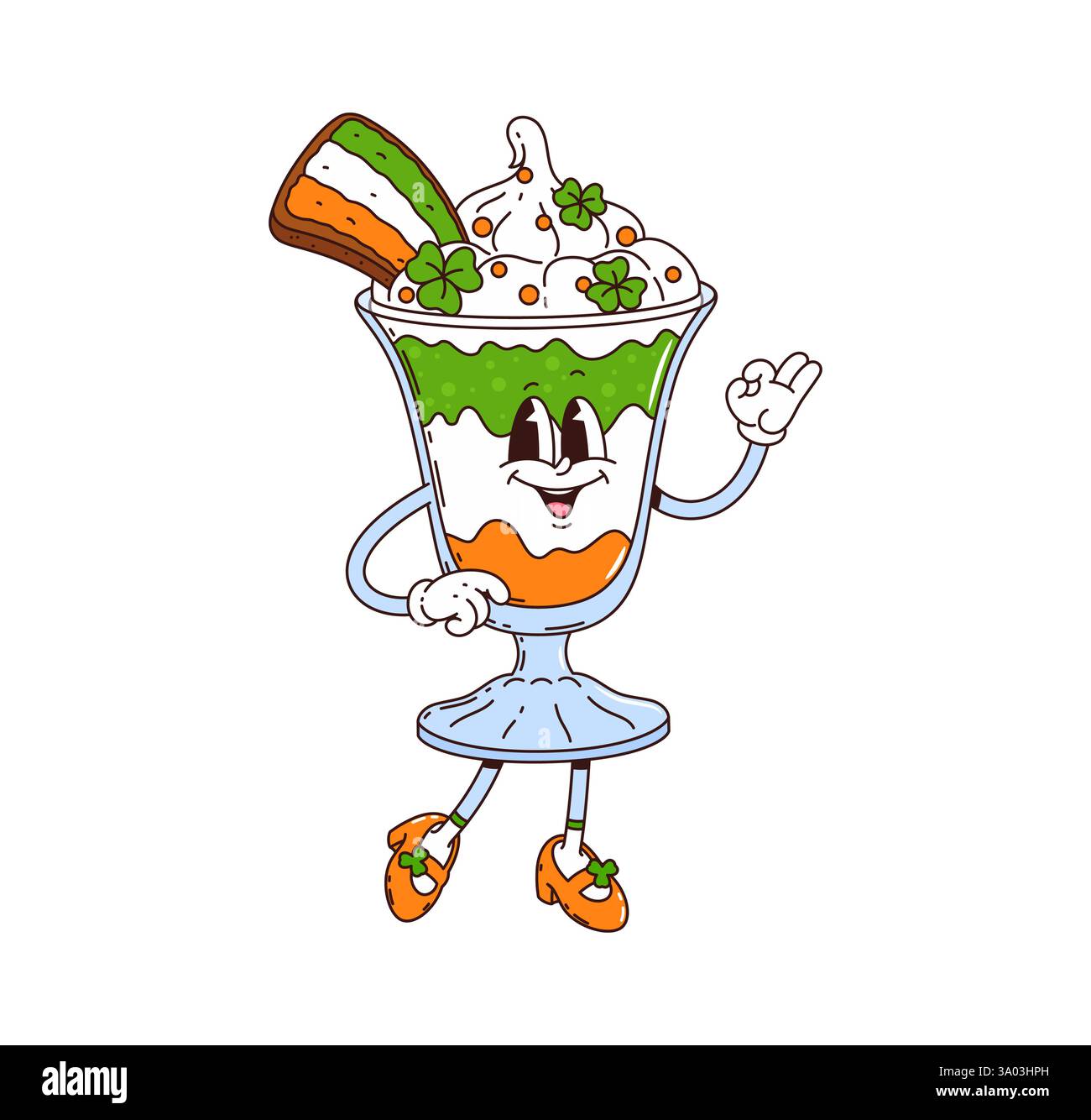Cartoon groovy ice cream sundae dessert character, saint Patrick day ...