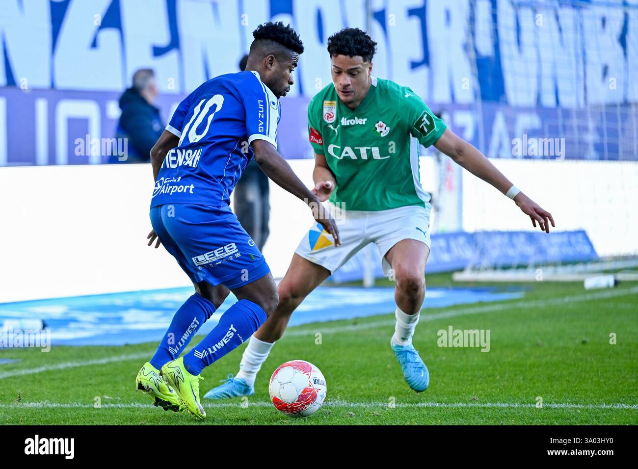 LINZ, AUSTRIA -MARCH 2: Paul Mensah of FC Blau Weiss Linz and Jamie ...