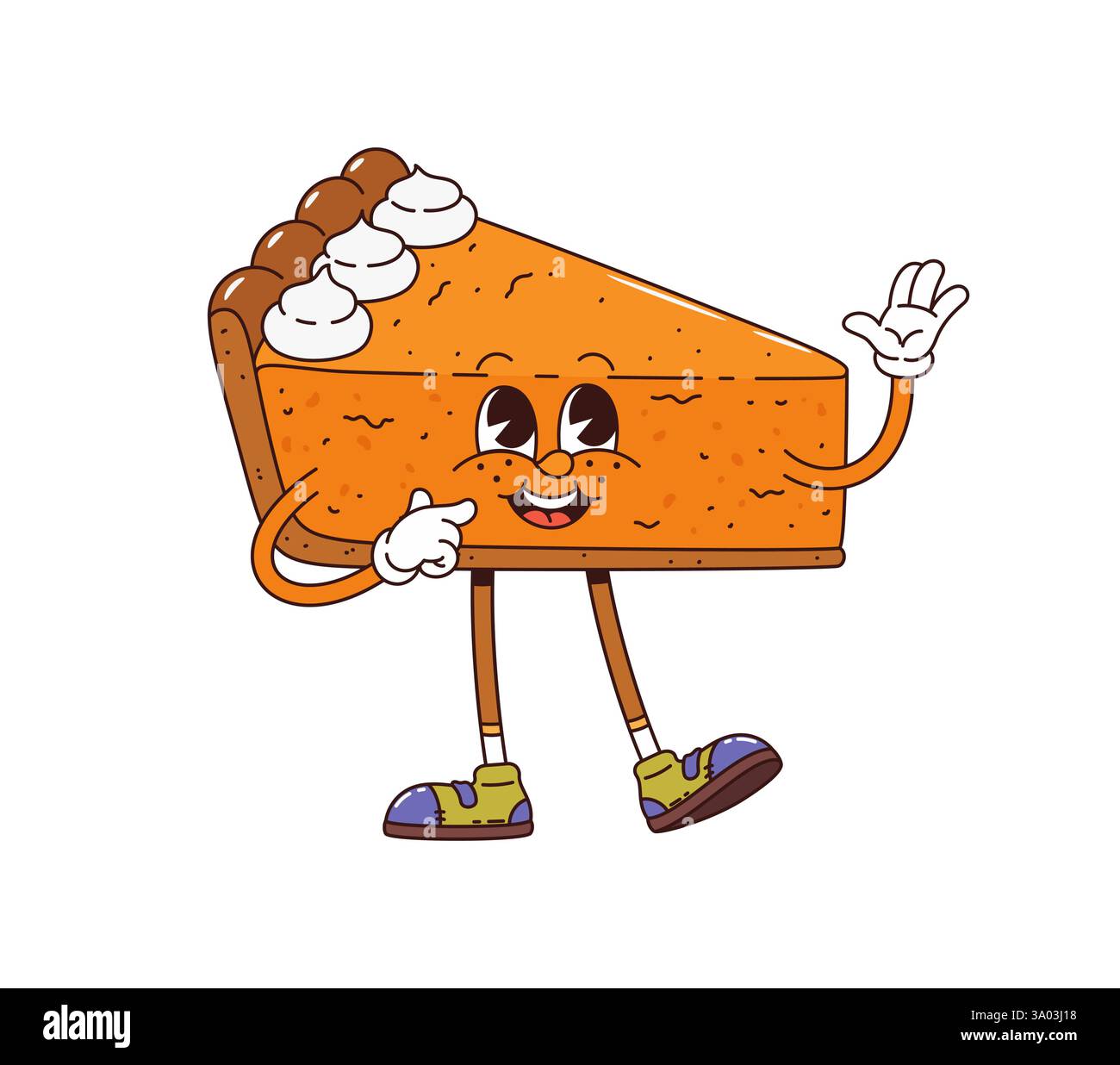 Cartoon groovy sponge cake dessert character joyfully waving. Isolated ...